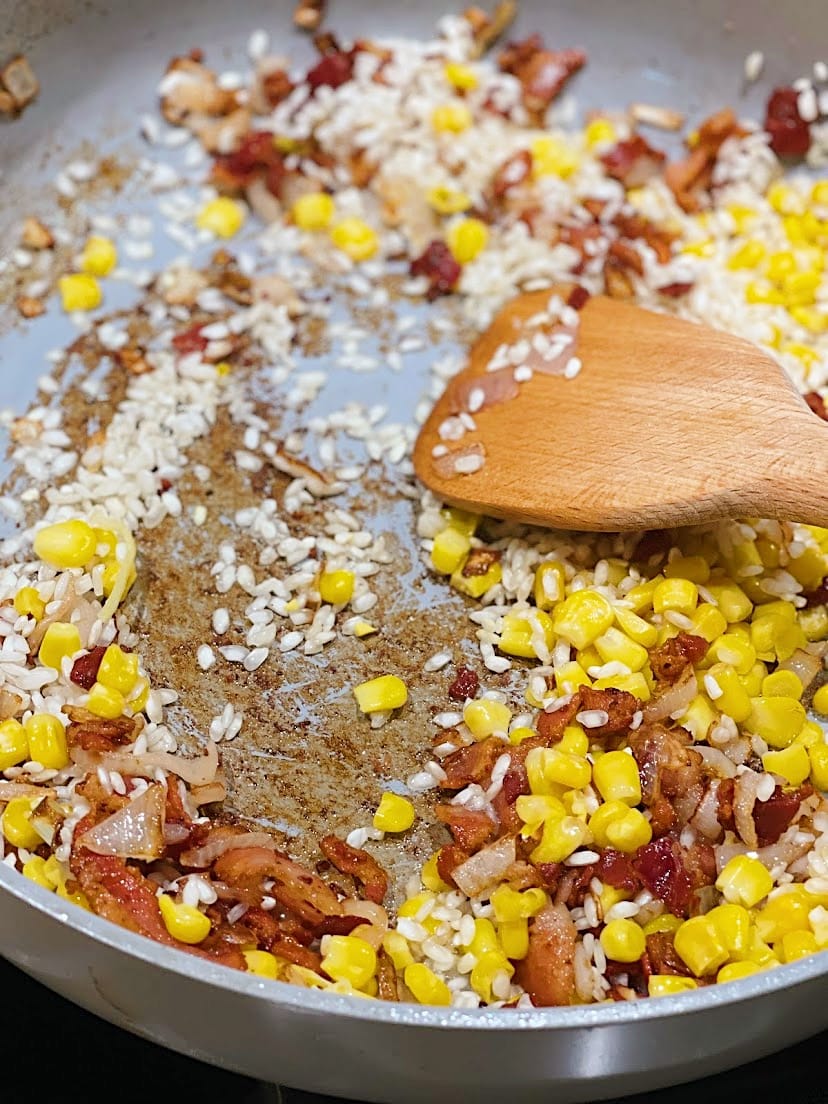 Scallops Over Bacon and Corn Risotto - Sweet Savory and Steph