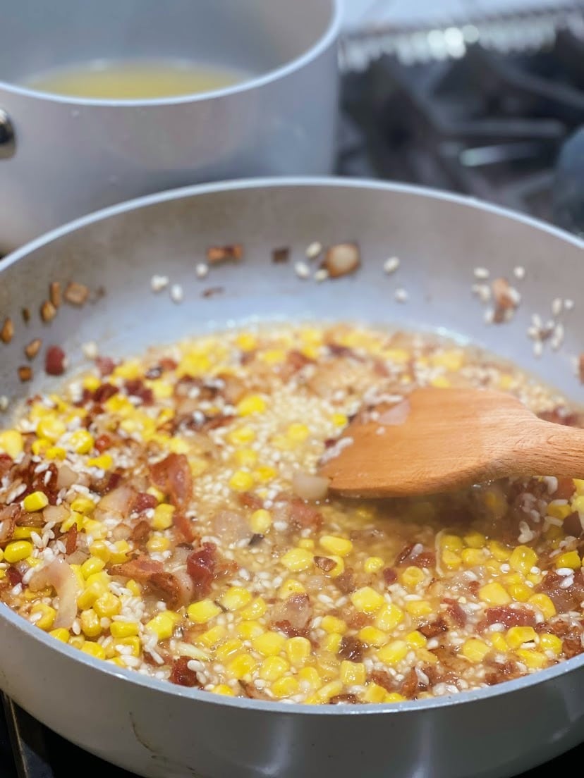 Scallops Over Bacon and Corn Risotto - Sweet Savory and Steph