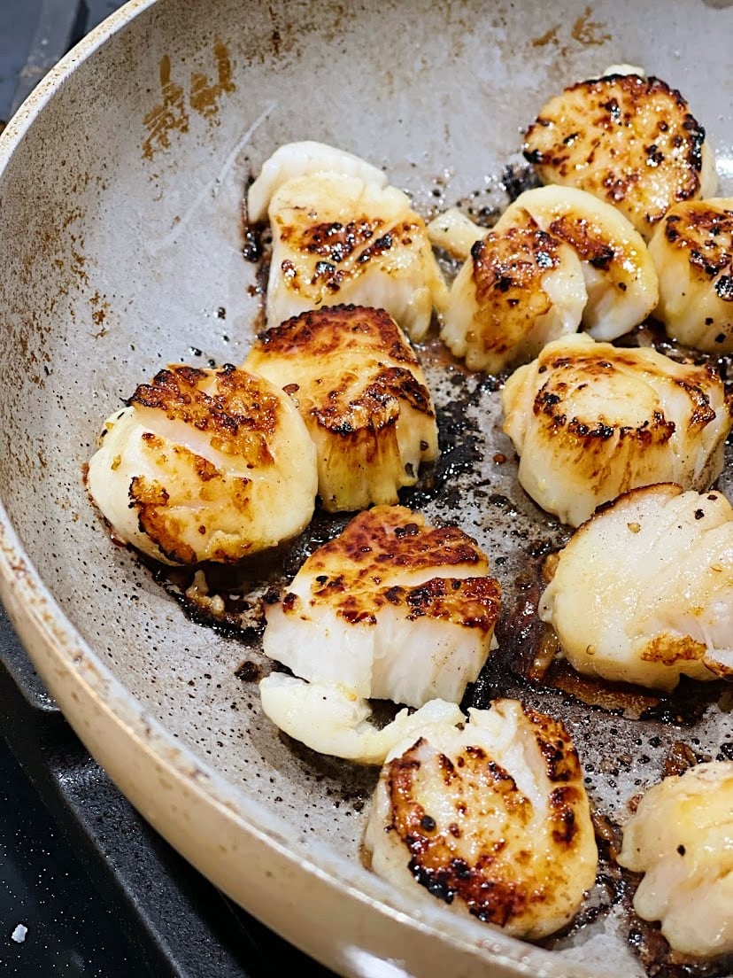 Scallops Over Bacon and Corn Risotto - Sweet Savory and Steph