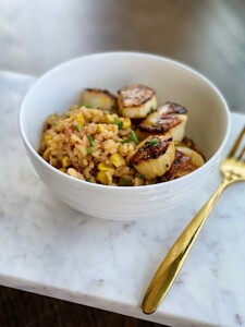 Scallops Over Bacon and Corn Risotto - Sweet Savory and Steph