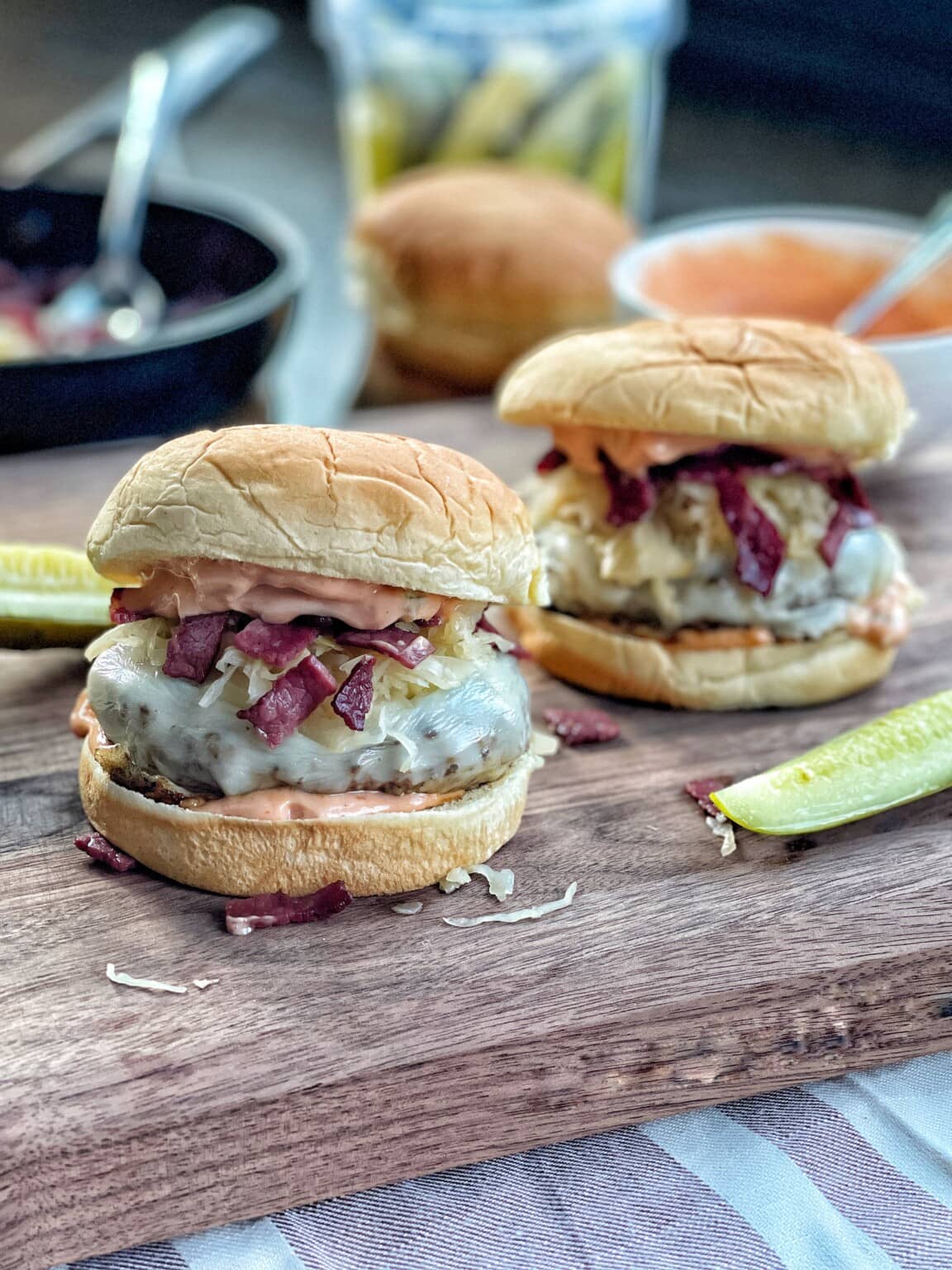 Reuben-Style Cheeseburgers - Sweet Savory and Steph