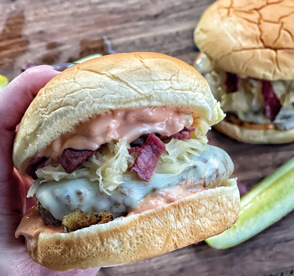Reuben-Style Cheeseburgers - Sweet Savory and Steph