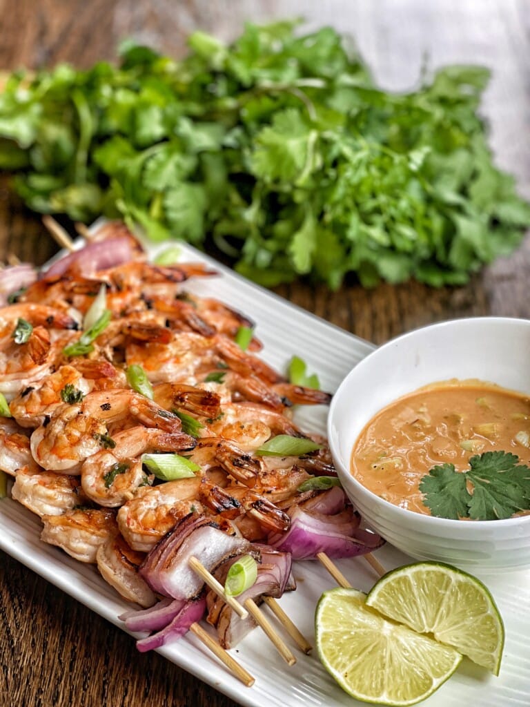 Shrimp Skewers with Peanut Sauce - Sweet Savory and Steph