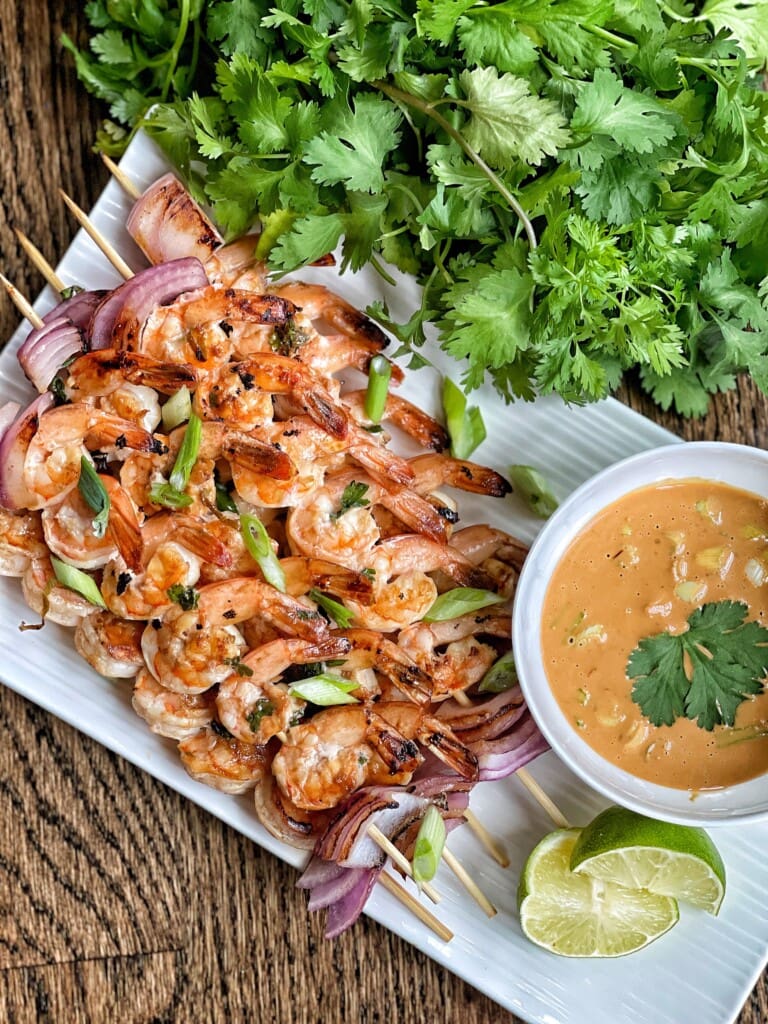 Shrimp Skewers with Peanut Sauce - Sweet Savory and Steph