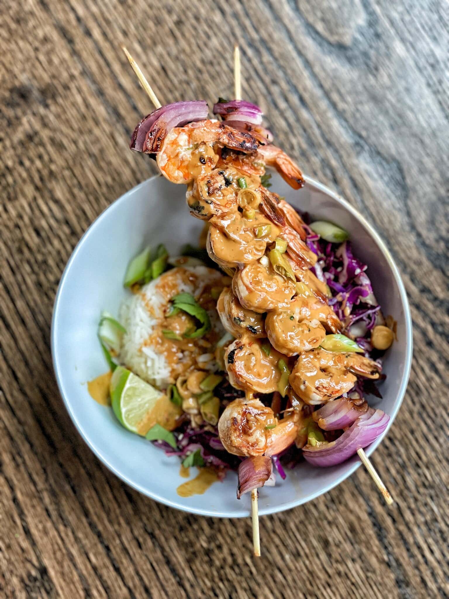 Shrimp Skewers with Peanut Sauce - Sweet Savory and Steph