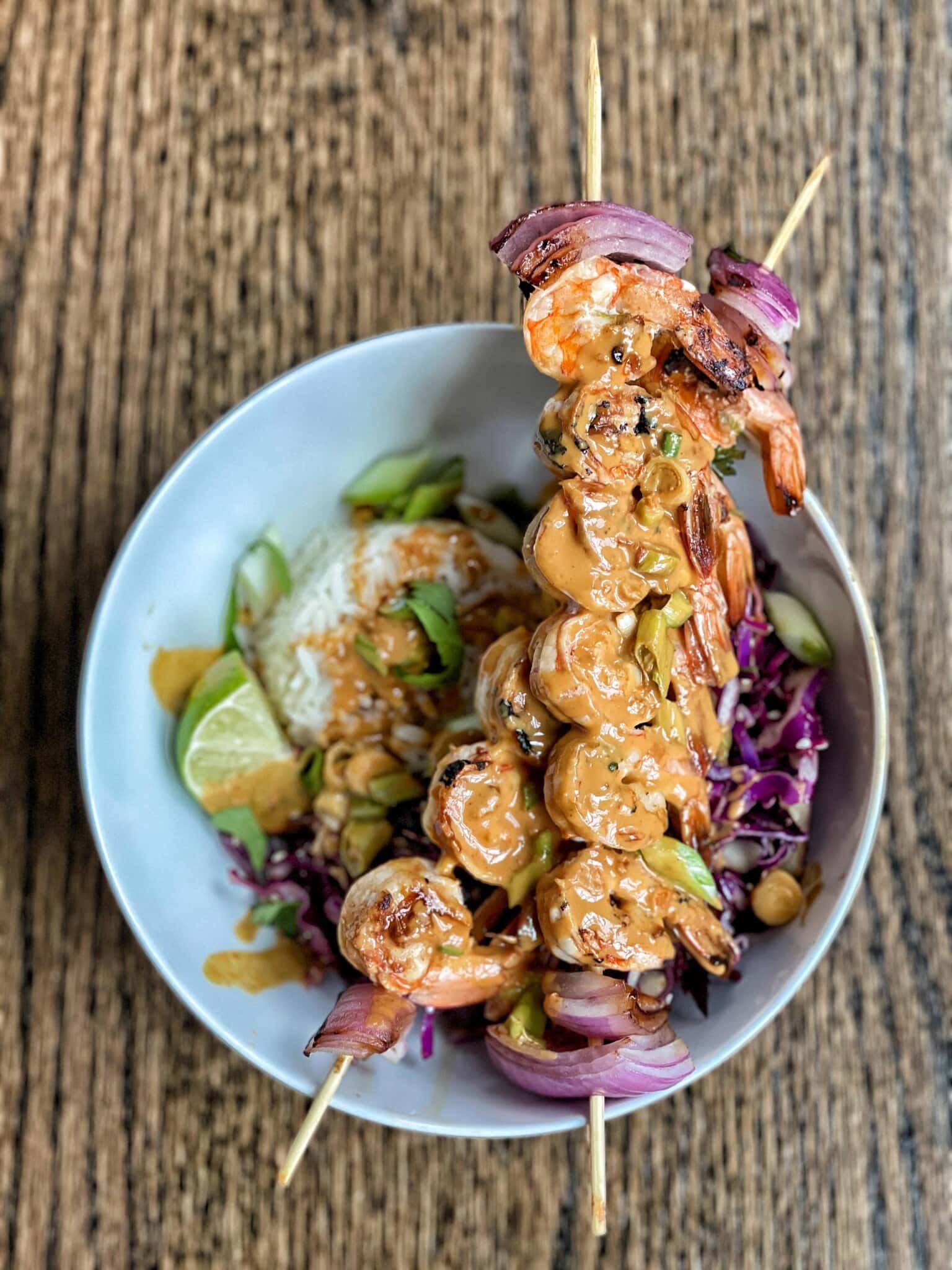 Shrimp Skewers with Peanut Sauce - Sweet Savory and Steph
