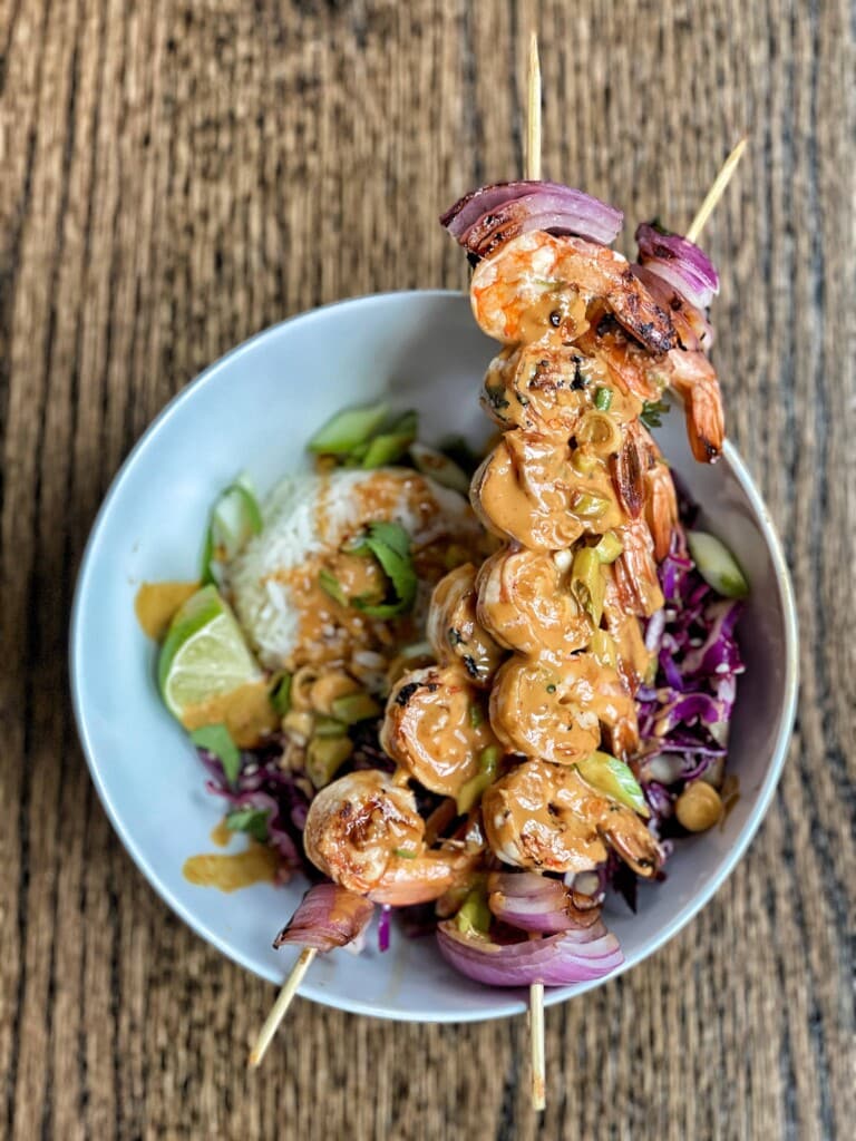 Shrimp Skewers with Peanut Sauce - Sweet Savory and Steph