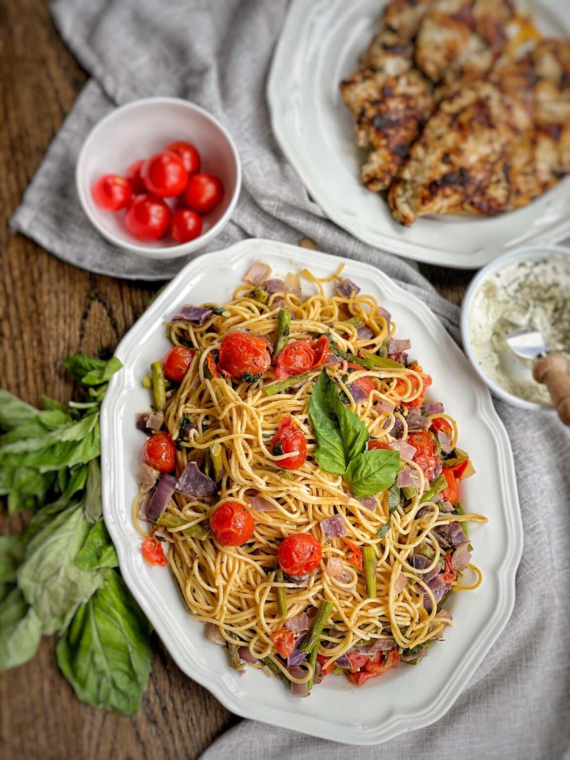 Creamy Spaghetti with Roasted Spring Vegetables - Sweet Savory and Steph