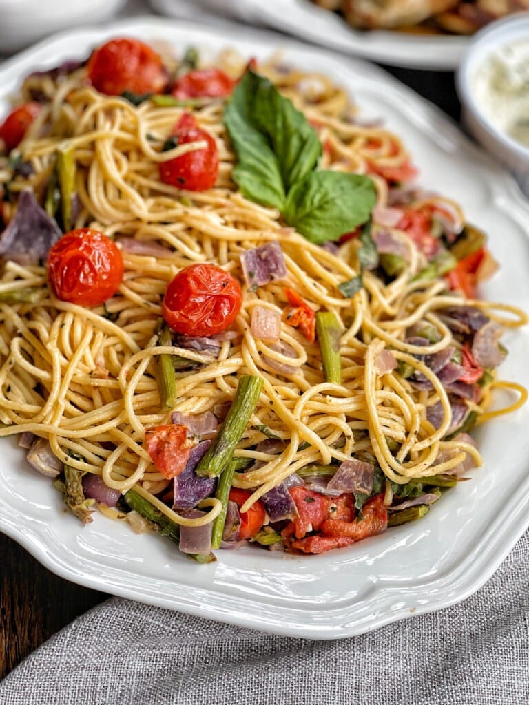 Creamy Spaghetti with Roasted Spring Vegetables - Sweet Savory and Steph