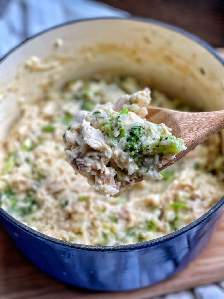 One Pot Lighter Cheesy Chicken Rice and Broccoli - Sweet Savory and Steph