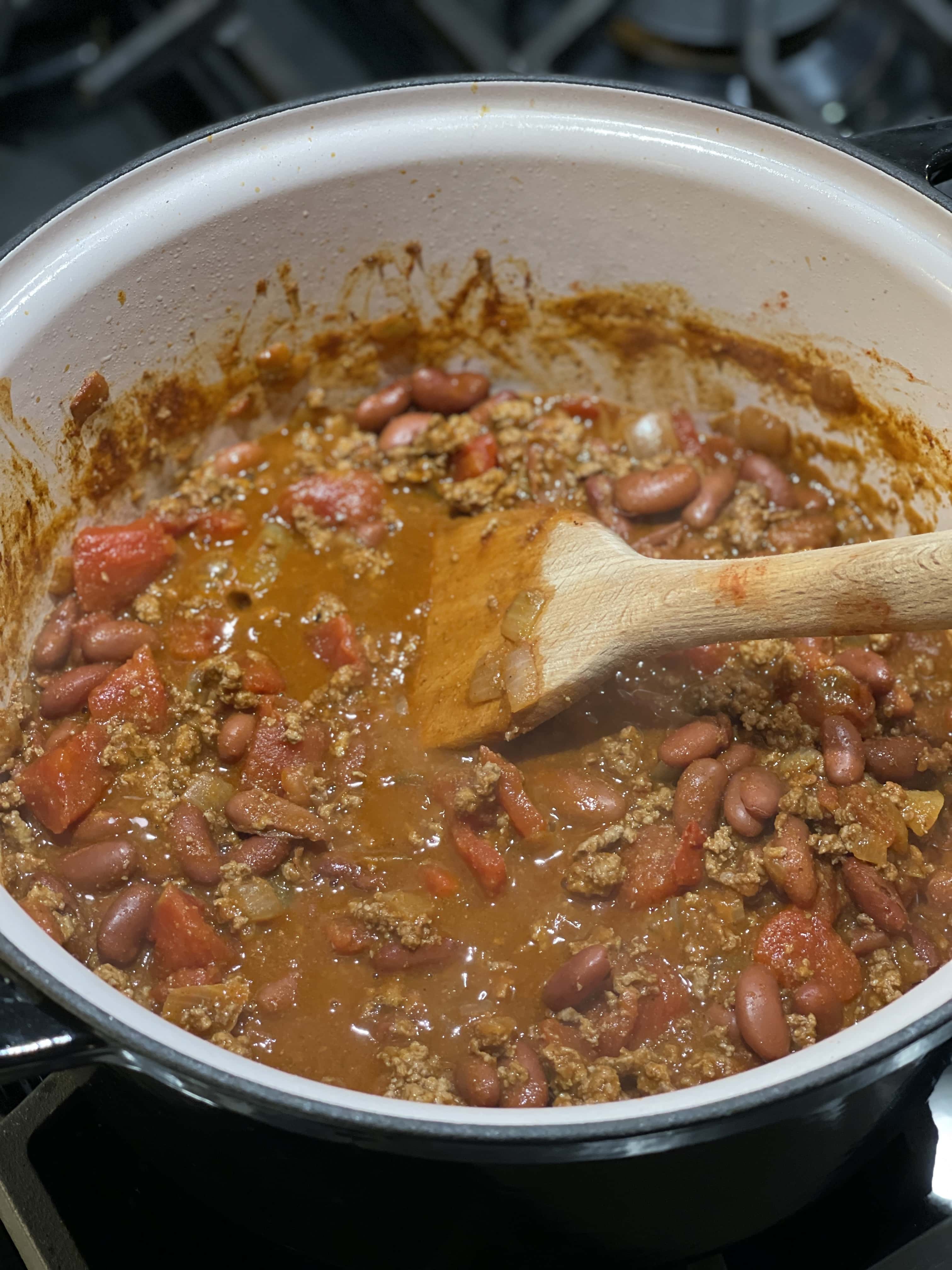 Lightened-Up Chili with Cornbread Topping - Sweet Savory and Steph