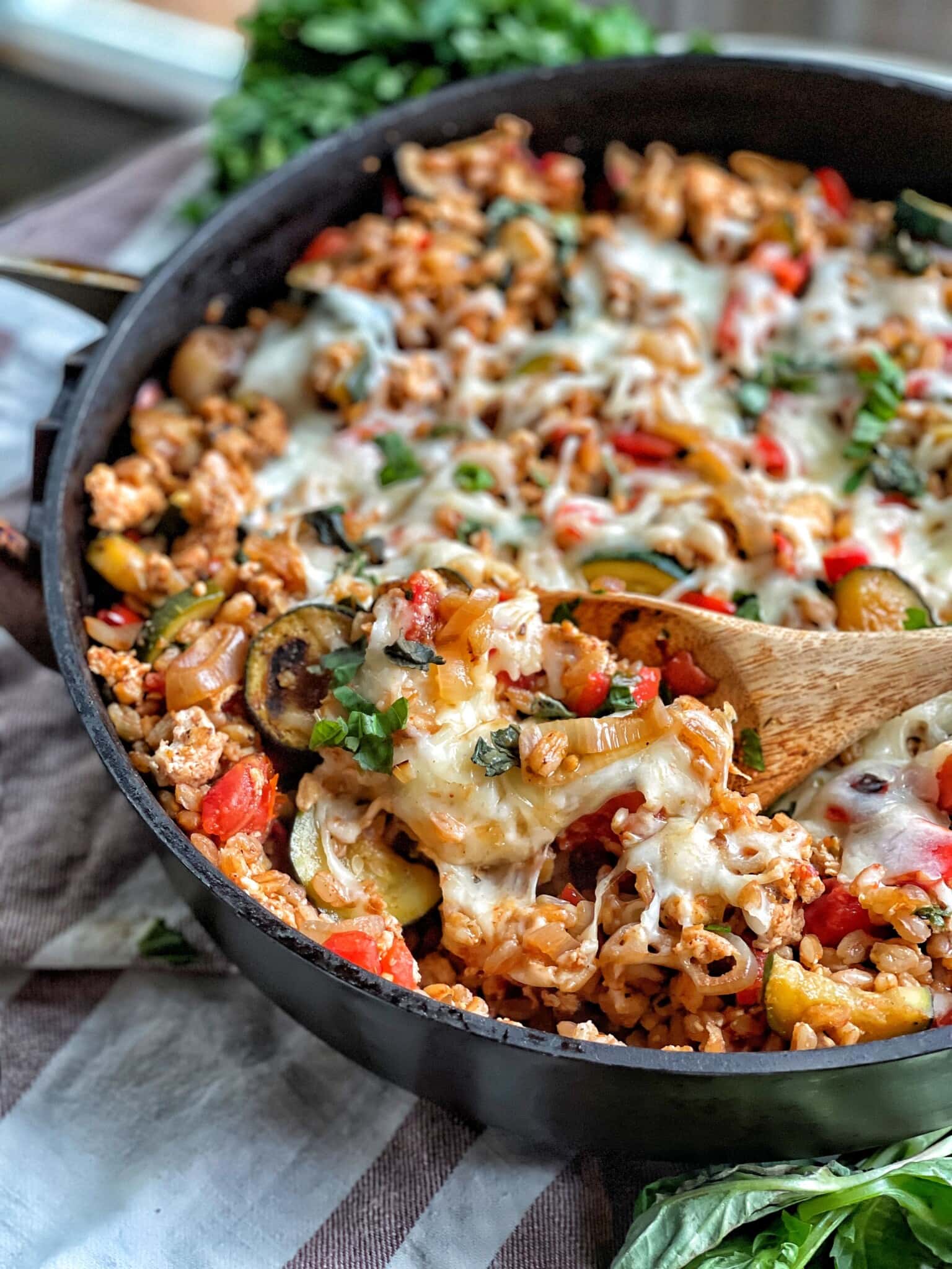 Italian Chicken, Farro and Vegetable Skillet - Sweet Savory and Steph