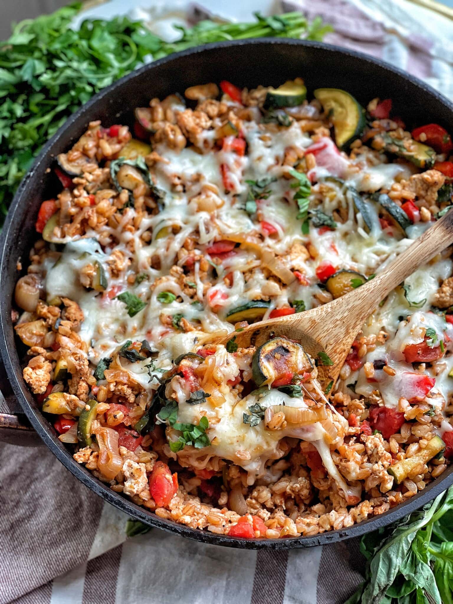 Italian Chicken, Farro and Vegetable Skillet - Sweet Savory and Steph