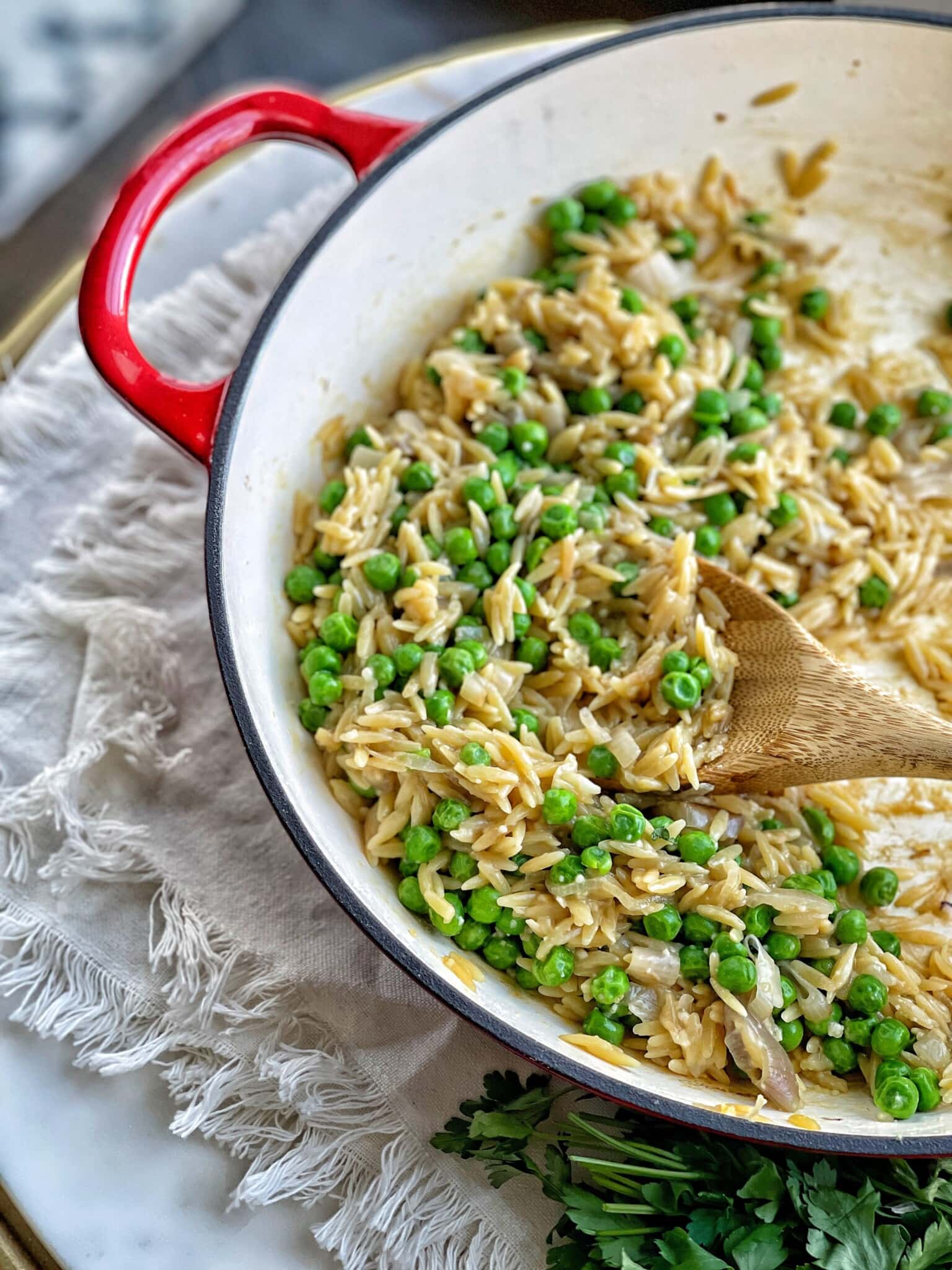 Easy One Pot Orzo with Peas - Sweet Savory and Steph