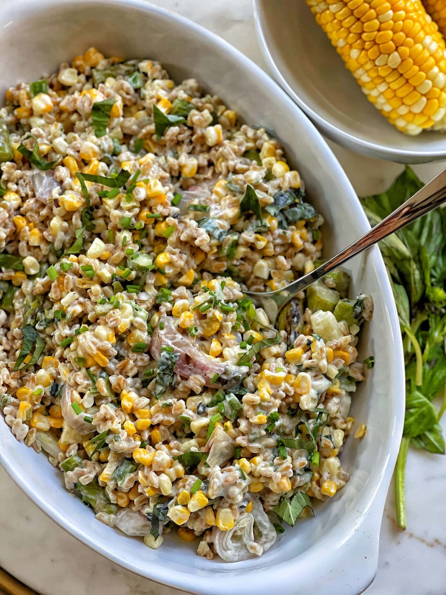 Creamy Corn and Asparagus Farro Salad - Sweet Savory and Steph