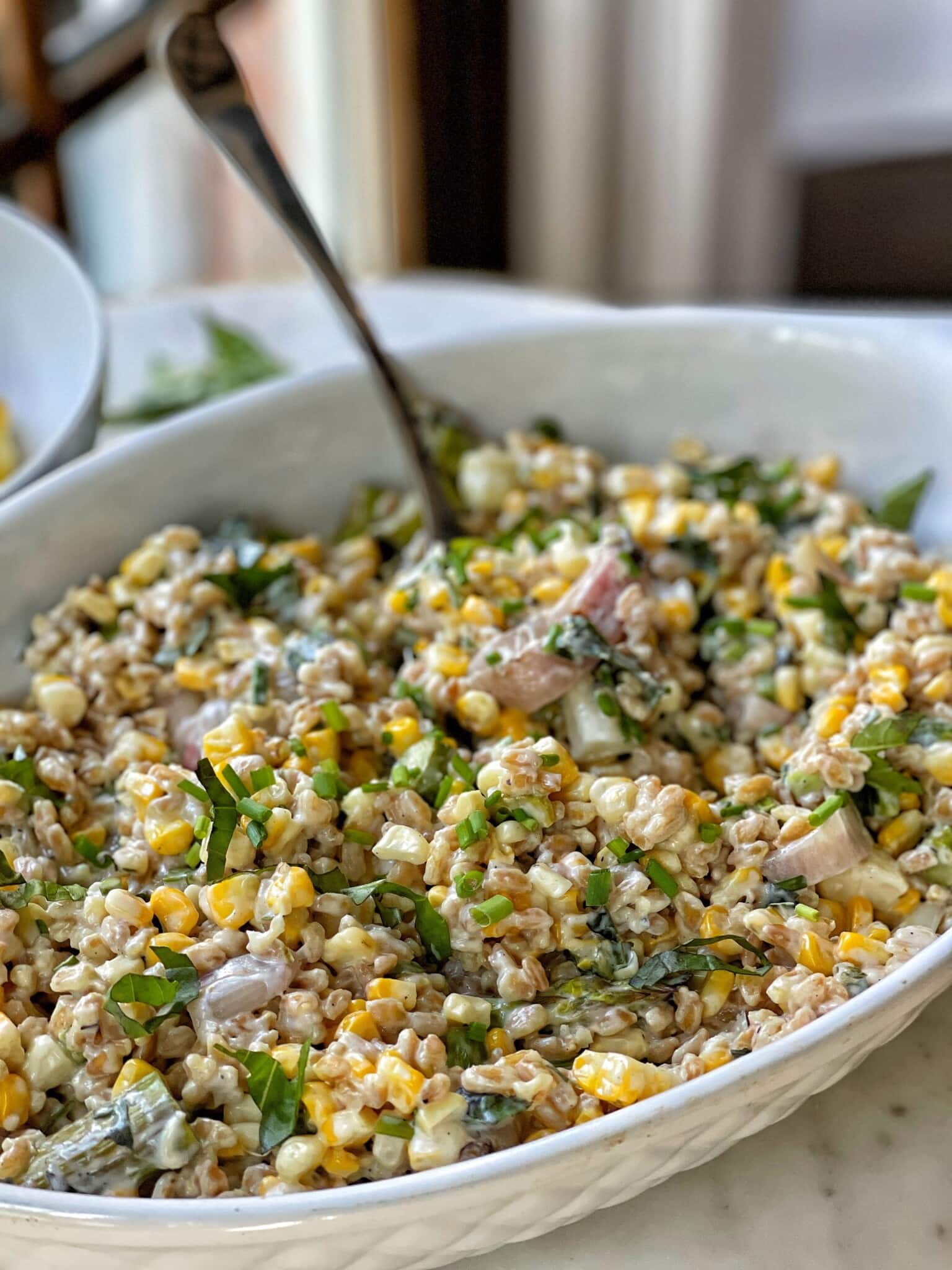 Creamy Corn and Asparagus Farro Salad - Sweet Savory and Steph