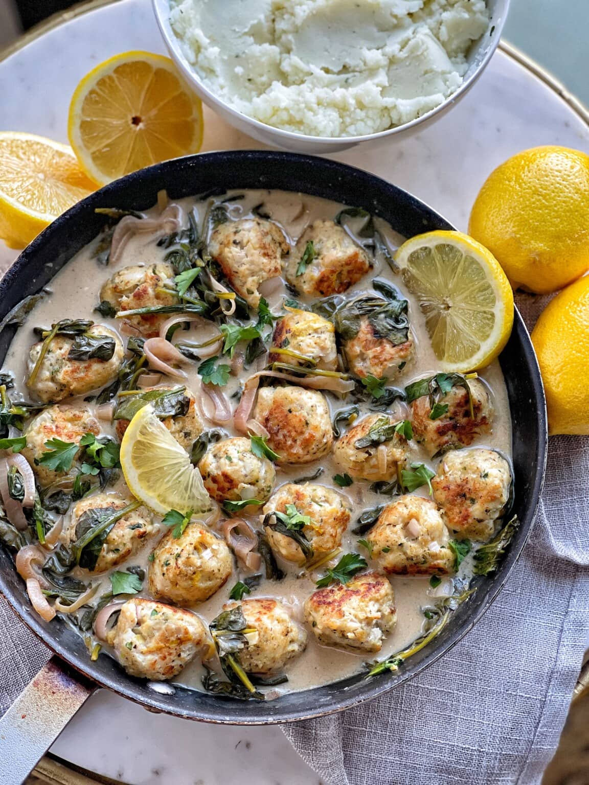 Skinny Florentine Chicken Meatballs in Pan Sauce - Sweet Savory and Steph