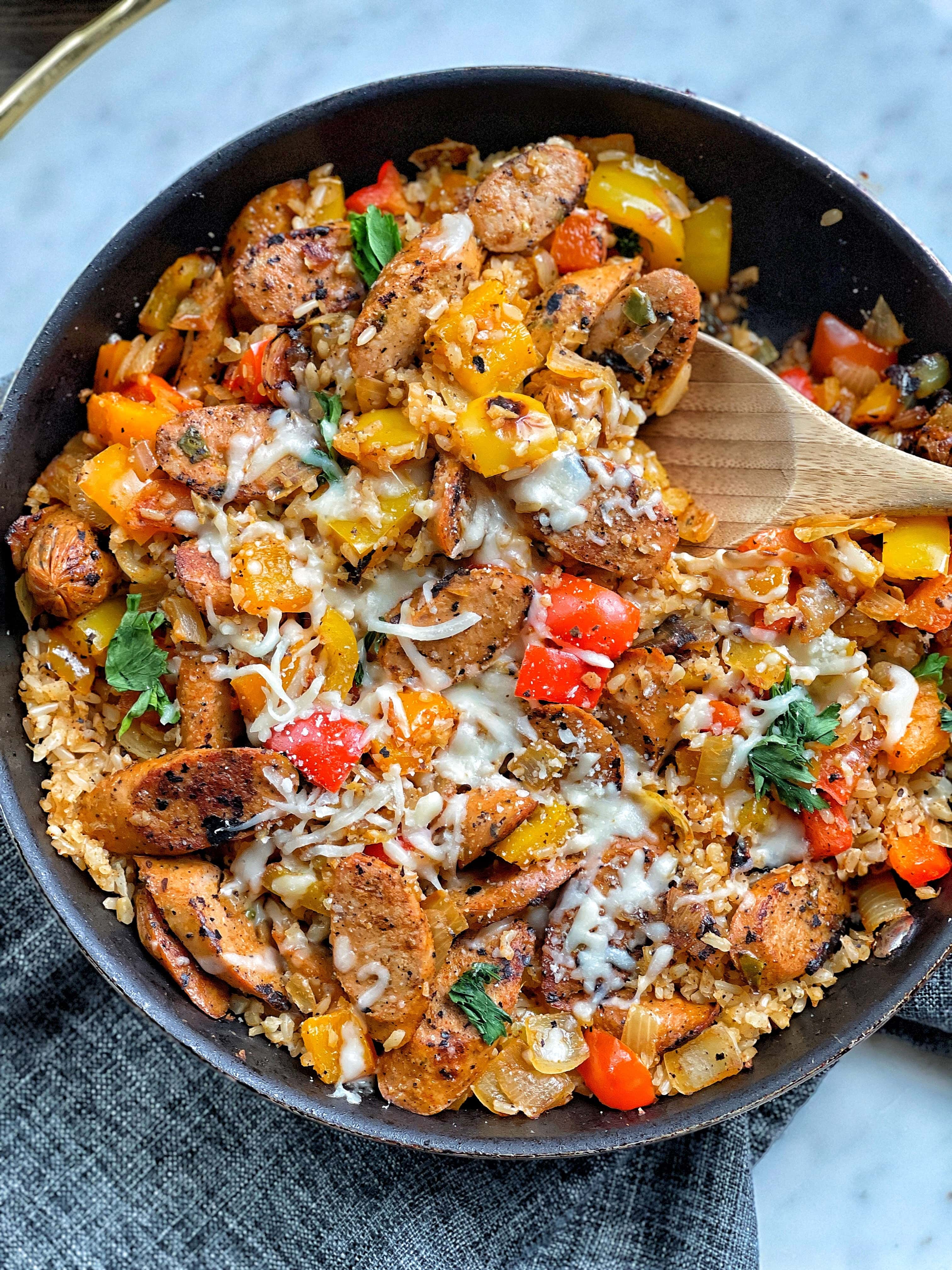 Chicken Sausage, Pepper and Cauliflower Rice Skillet - Sweet Savory and ...