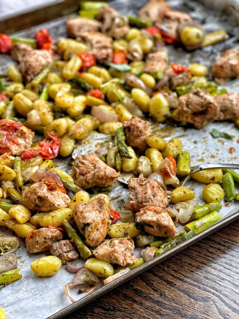 Healthy Sheet Pan Gnocchi, Chicken and Vegetables - Sweet Savory and Steph