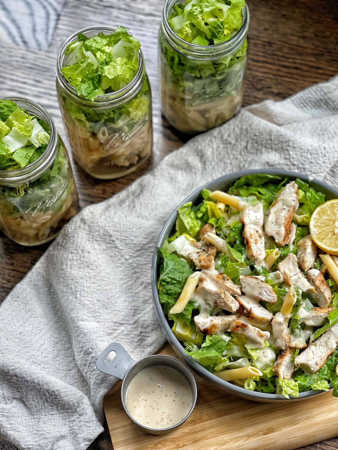 Grilled Chicken Caesar Pasta Mason Jar Salads - Sweet Savory and Steph