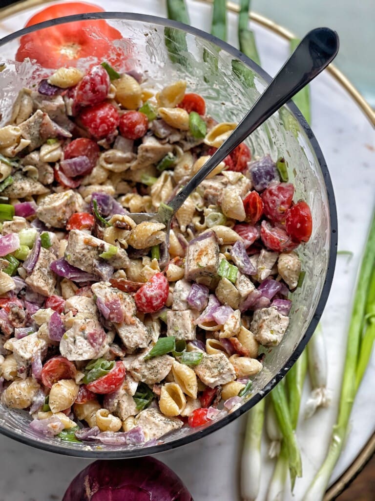 Light Bacon Ranch Chicken Pasta Salad - Sweet Savory and Steph