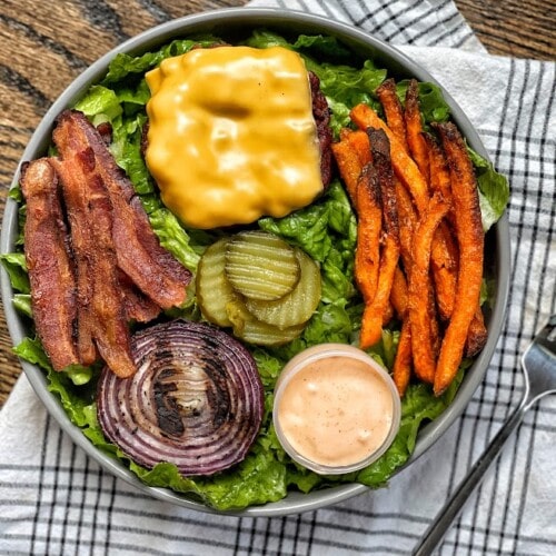 Everything But the Bun Burger Salad - Sweet Savory and Steph